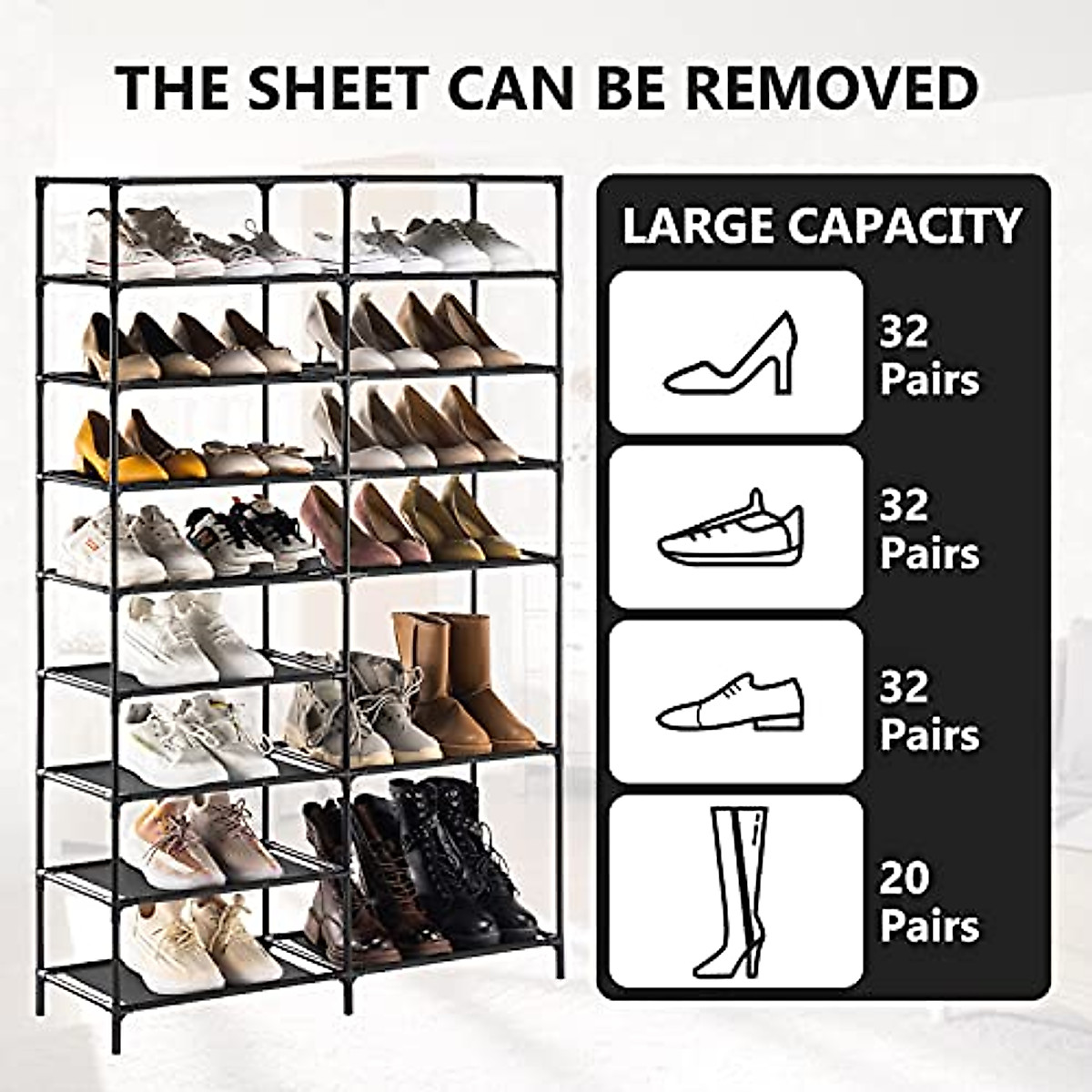 YOUDENOVA Shoe Rack, 9 tier Shoe Rack Storage for Closet Entryway, Non-Woven Fabric Large Shoe Shelf, Stackable Shoes Organizer for Boots (Black)