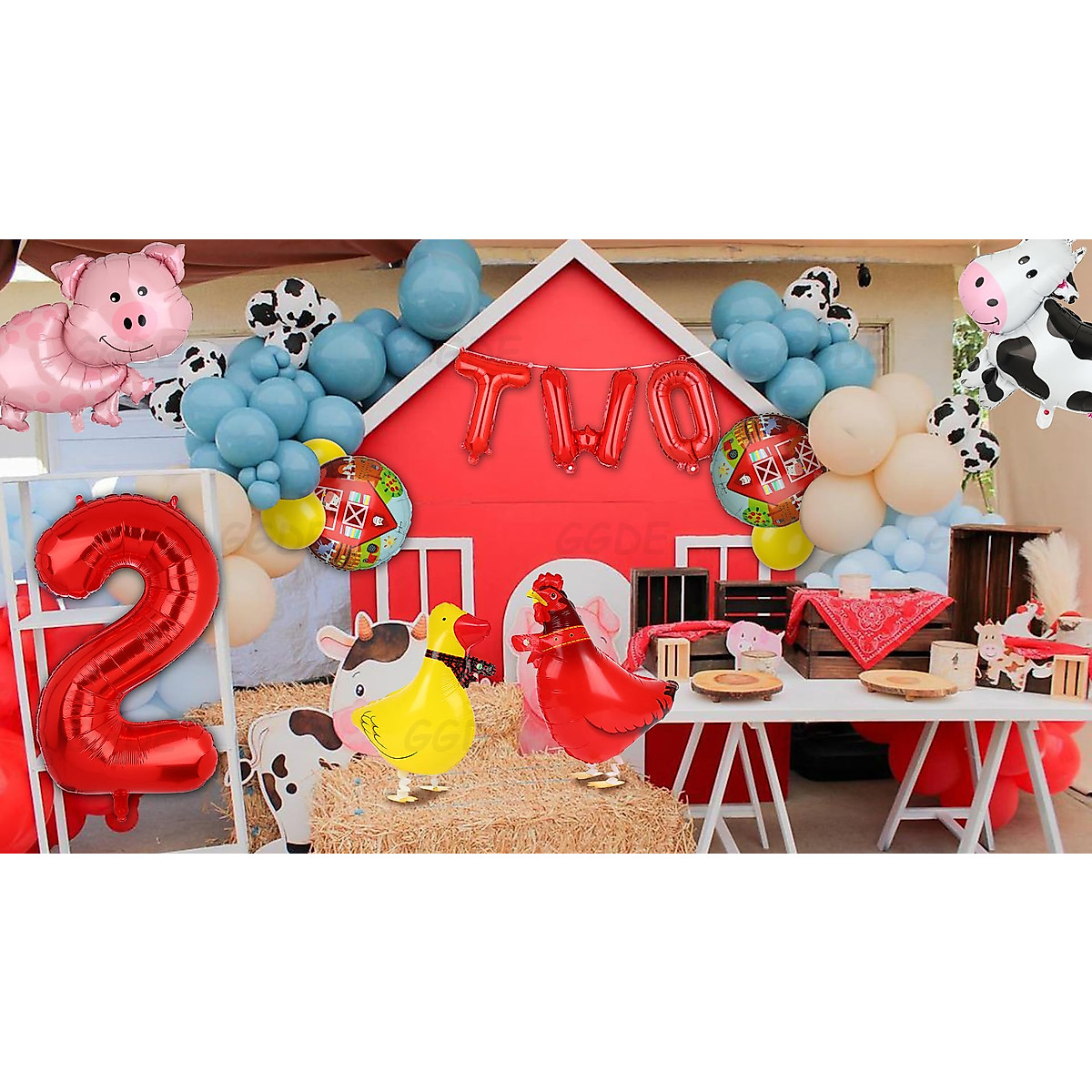 Farm Animal Balloons Cow Pig Balloon Farm Animal Theme 2nd Birthday Party Decor Supplies Walking Animal Balloons Duck Rooster Large Number 2 Balloon TWO Letter Banner Balloon 14 Pcs