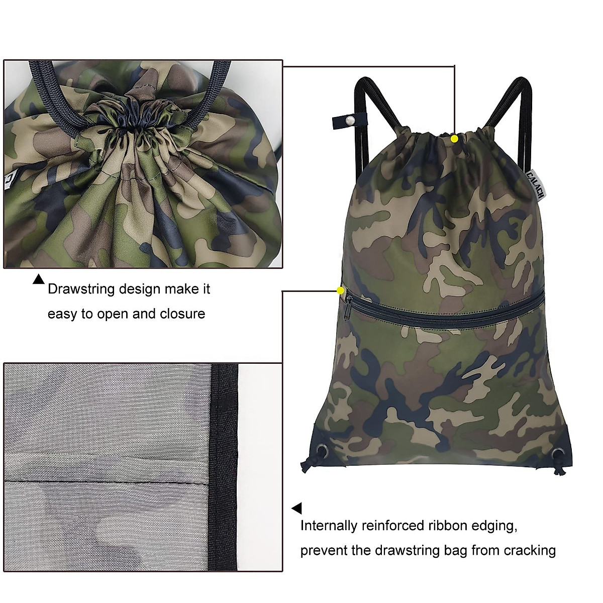 CALACH Large Camo Laundry Bag Backpack + Large Camo Drawstring Bag Backpack Sports Gym Sack