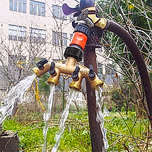 Biswing 4 Way Brass Hose Splitter, 3/4" Brass Hose Faucet Manifold, Garden Hose Adapter Connector, Hose Spigot Adapter with 4 Valves