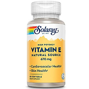 Solaray Vitamin E 1000 IU Softgels, 670 mg, d-Alpha Tocopherol, Healthy Skin, Cardiovascular Function, and Antioxidant Activity Support, Lab Verified, 60-Day Money-Back Guarantee, 60 Servings, 60 Softgels