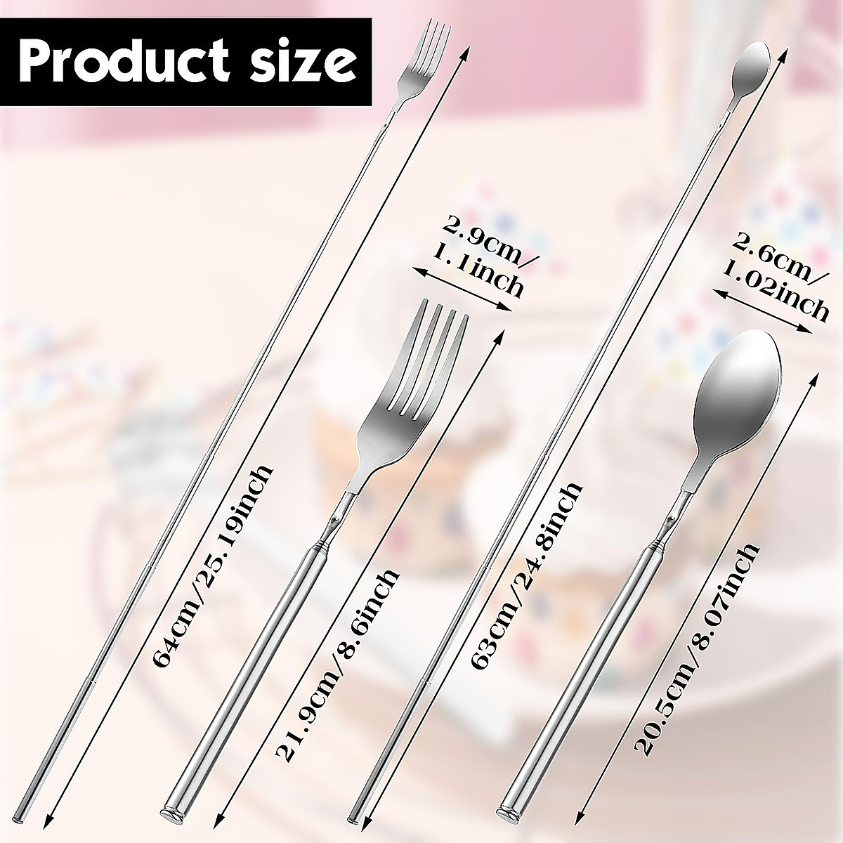 GEEHUA Extendable Fork Spoon, Telescopic Fork and Spoon Set Stainless Steel Long Fork Retractable Dining Spoons Expandable Extension Fork Spoon for BBQ Fruit Dessert Extender to 25.2"