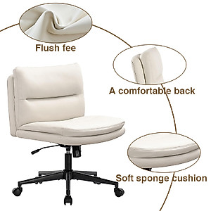 YASHFU Armless Leather Wide Office Desk Chair with Wheels: Cute Criss Cross Chair with Wheels, Leather Comfy Adjustable Swivel Computer Task Chairs for Home, Office,Make Up,Bed Room (Beige)