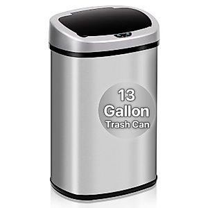 Dkelincs 13 Gallon Kitchen Trash Can Garbage Can with Lid Automatic Touch Free Stainless Steel Trash Can for Home Office Living Room Bedroom, 50 Liter (SS)