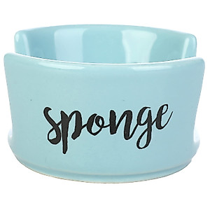 MyGift 3 Inch Small Modern Aqua Blue Glazed Ceramic Sink Sponge Dish with Black Cursive Lettering"Sponge" Label, Kitchen Dishwashing Scrubber Holder Caddy