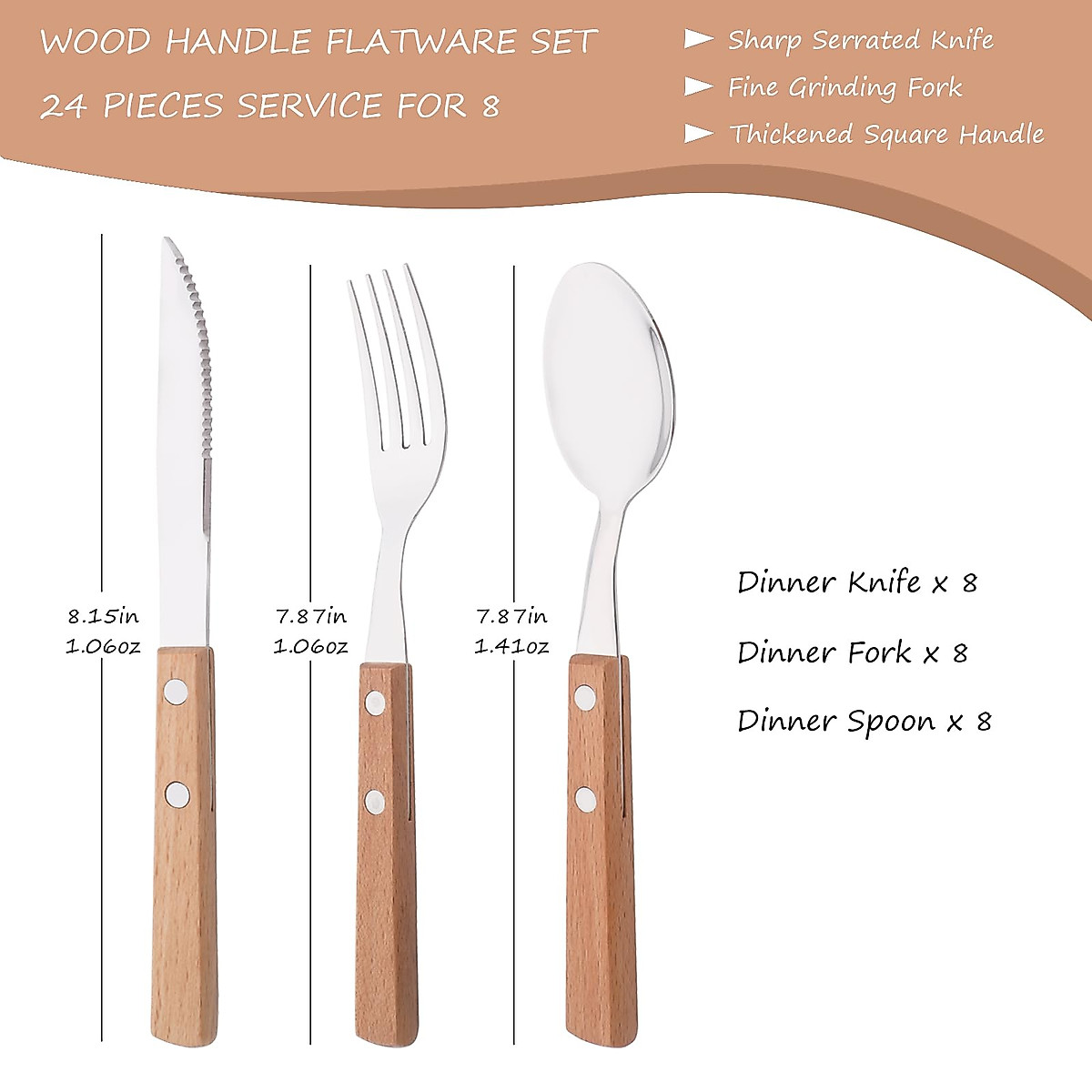 Reusable Wood Handle Flatware Set for 8 - Uniturcky 304 Stainless Steel Silverware Set Includes 8 Each Forks Spoons and Knives - Eating Utensils Cutlery Set for Home Restaurant (24PCS, Log)
