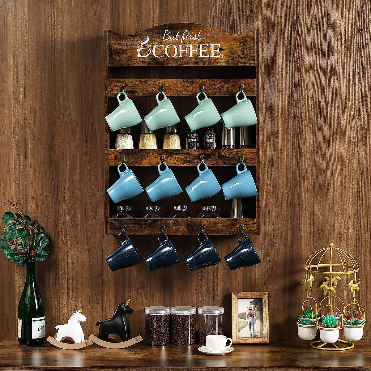 PAG Wall Mounted Coffee Mug Rack Tea Cup Organizer Display Shelf with Coffee Sign, 3 Tier & 12 Hooks, Antique Brown