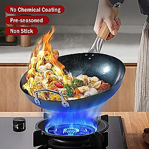 mMlpes Flat Bottom Wok Pan - 13.5" Pre-Seasoned Carbon Steel Wok No Chemical Coating Traditional Hand Hammered Woks & Stir-Fry Pans for Electric Induction Gas Cooktops Nonstick | Blue
