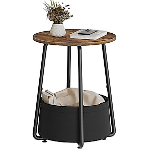 CHOEZON Round Side Table, Small End Table with Fabric Storage Basket, 2-Tier Bedside Table, Round Nightstand, for Small Space, Living Room, Bedroom, Nursery, Rustic Brown and Black TBZ03BF