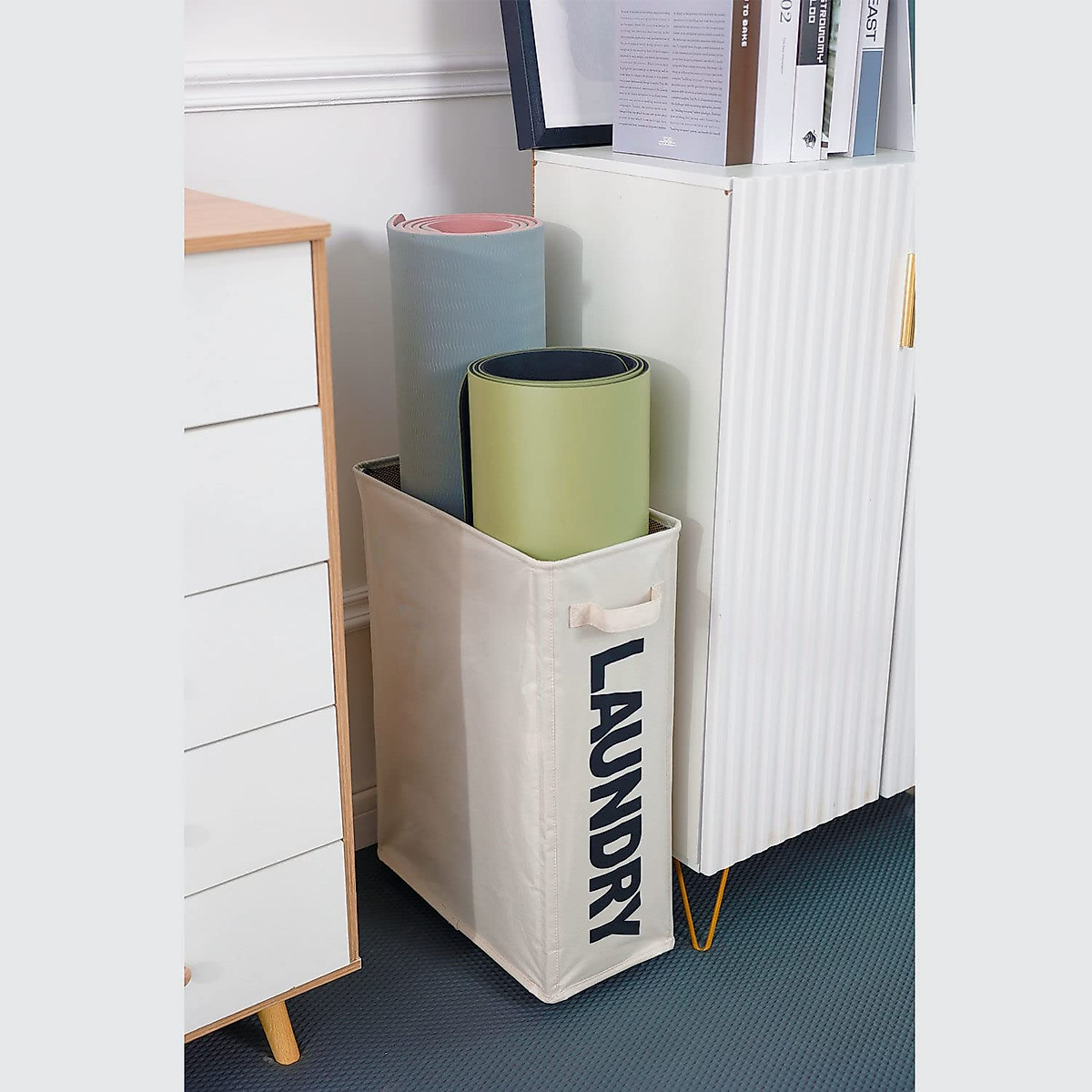 WRPLU Rolling Slim Laundry Hamper with Wheels, Waterproof, Durable, Beige