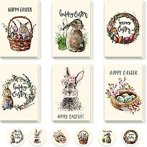 Whaline 30 Pack Vintage Easter Cards Kit with Envelopes and 30Pcs Adhesive Stickers Colorful Greeting Cards in 8 Designs Bunny Eggs Note Card for Classroom Exchange Easter Party Supplies