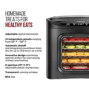 Chefman Food Dehydrator Machine, Touch Screen Electric Multi-Tier Preserver, Meat or Beef Jerky Maker, Fruit Leather, Vegetable Dryer w/ 6 Slide Out Drying Rack Trays & Transparent Door, Black