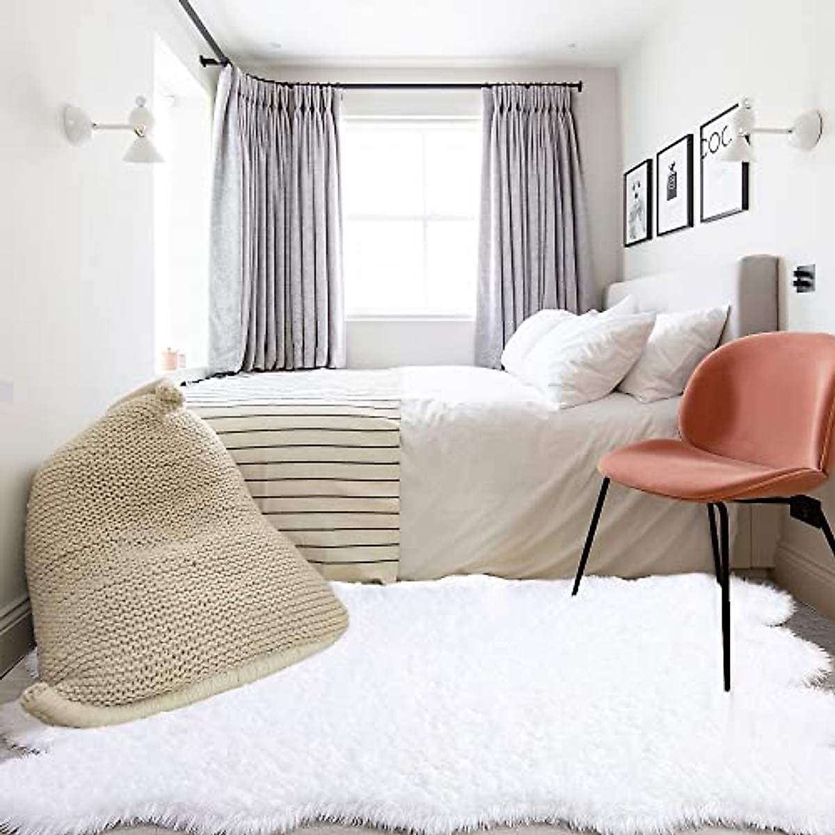 HOMBYS Fluffy Faux Fur Sheepskin Area Rug 5x8 ft, Large Shag Floor Mat for Living Room Bedroom, Soft Bedside Carpet for Kids Room Sofa Nursery, White