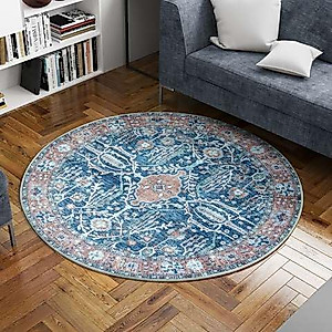 Softwoven Rugs, 5' Round Machine Washable Rug, 90% Cotton, Non-Slip, Family & Pet Friendly, Stain Resistant, Non-Shed, Vintage Design Area Rug for Living Room, Hallway - Navy and Brown