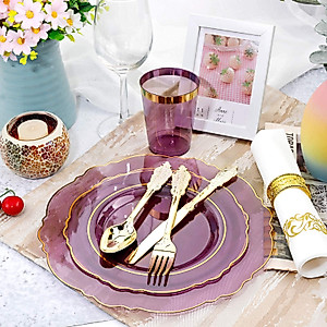 KIRE 210Pcs Purple Plastic Plates with Gold Rim& Silverware &Cups&Hand Napkin- Mardi Gras Plates - Baroque Clear Plastic Dinnerware for Upscale Wedding, Parties, Mothers Day, Easter