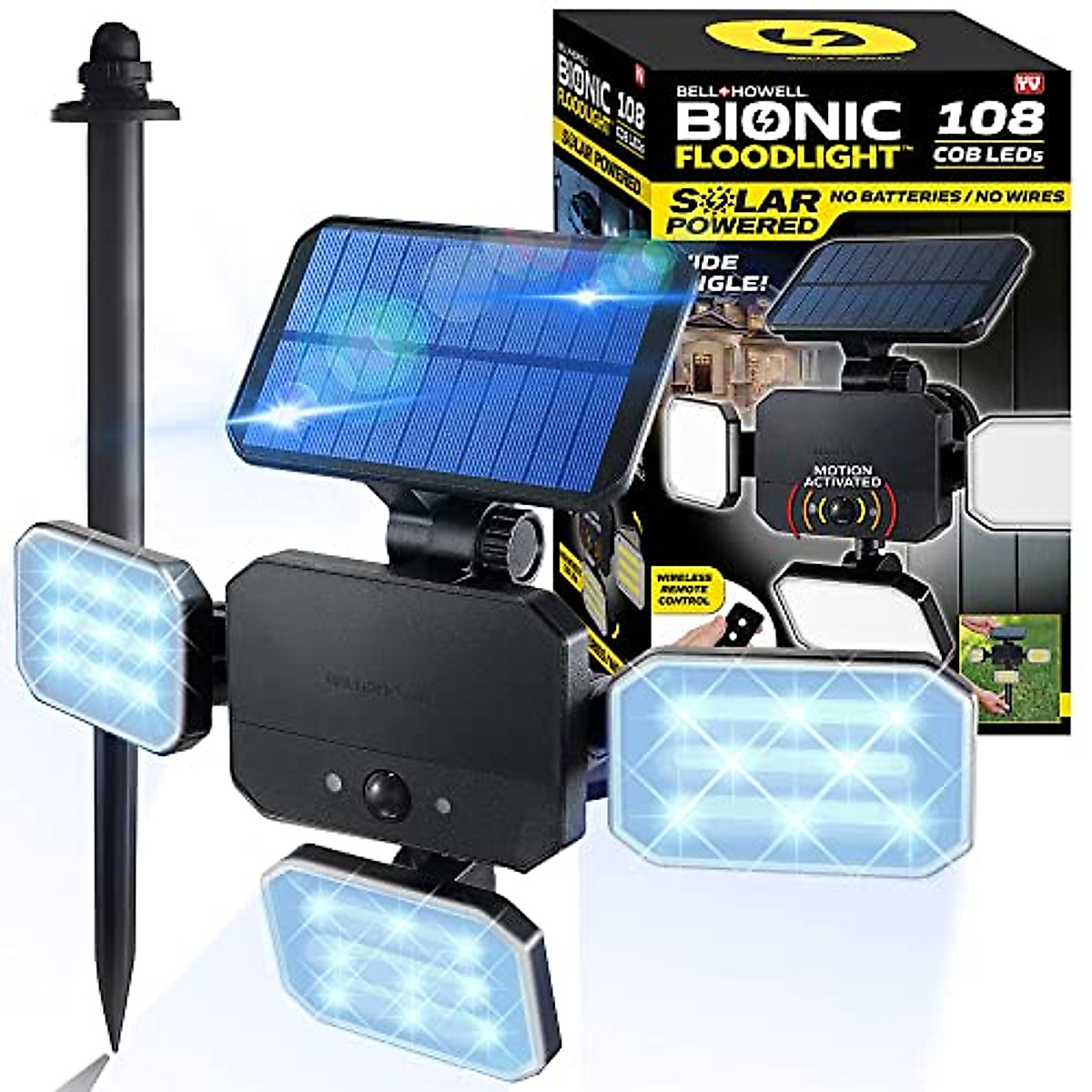 Bionic Floodlight Deluxe 50% Brighter ASON TV, Solar Lights Outdoor Waterproof- 108 COB-LED's w/Motion Sensor 180° Swivel, Adjustable Panels for Garden, Lawn and Patio As Seen On TV
