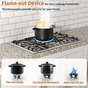 30 Inch Gas Cooktop with 6 Metal Knob, Dalxo 5 Italy Defendi Burner Gas Stovetop, Food-grade Stainless Steel Built-In Gas Hob, NG/LPG Convertible Gas Range Top for Kitchen, Thermocouple Protection