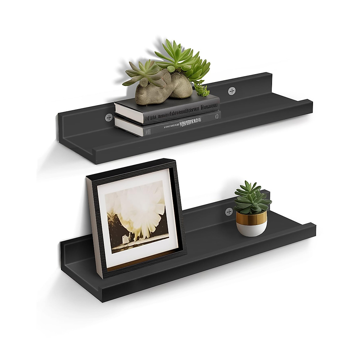 MIRROTOWEL Small 16” Floating Shelves for Wall Décor Storage, Set of 2, Wood for Bedroom, Living Room, Bathroom, Kitchen, Picture Ledge and Farmhouse（Black）