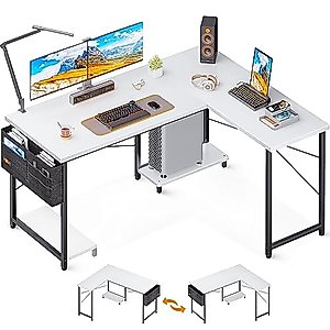 ODK L Shaped Desk with Storage Bag - 50 Inch Home Office Desk with Host Stand, White Reversible Computer Corner Desk for Bedroom Studio, Modern PC Gaming Desk for Study Writing