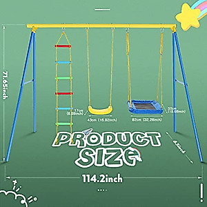 Plohee 550lbs 4 in 1 Swing Sets for Backyard - Heavy-Duty Metal Playset for Kids, Waterproof with 2 Adjustable Swings Climbing Rope Swing Climbing Ladder (Yellow)