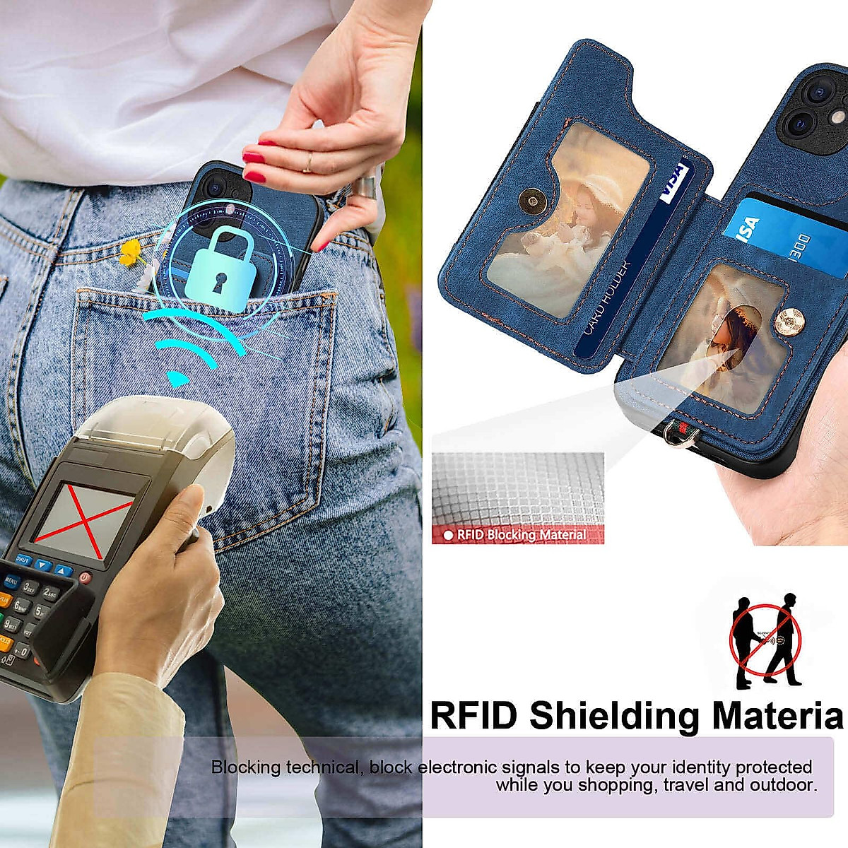 JanCalm for iPhone 12 Cases Wallet Card Holder 2023,Ring Holder Stand,RFID-Blocking,Wrist Strap,Camera Lens Protector,Leather Magnetic Protective Flip Cover for iPhone Case 12 (6.1", Blue)