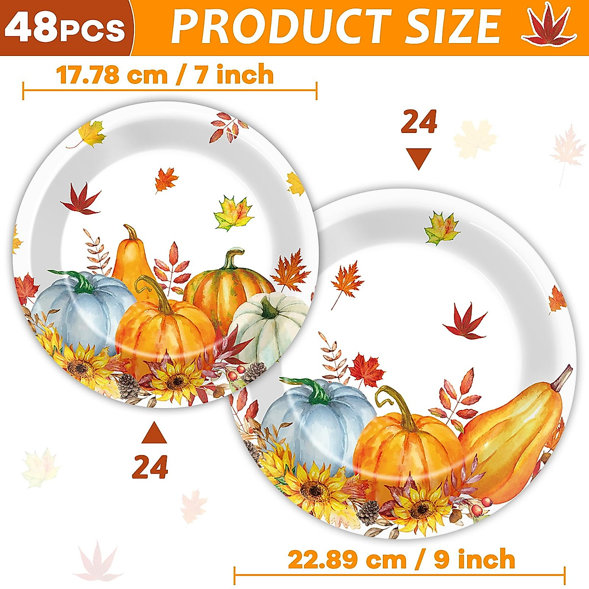 48 Pcs Thanksgiving Fall Paper Plates Party Supplies, Watercolor Pumpkins Maple Leaves Disposable Plates (9'' + 7'') for Fall Party Autumn Harvest Holiday Thank You Dinnerware Decorations Favors
