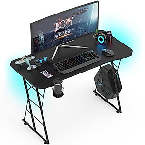 JOY worker Gaming Desk with LED Lights, 47 Inch Gamer Desk Carbon Fiber Desktop, Game Desk with Cup Holder, Home Office Gaming Room Workstation, Black
