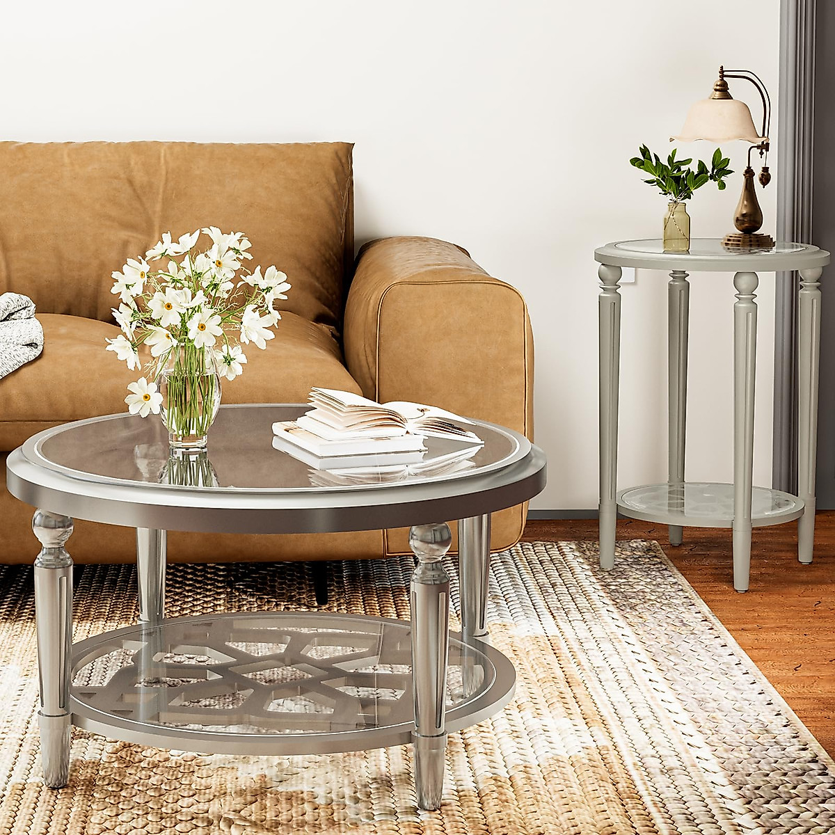 HOMPUS Modern End Table w Glass Top & Glass Shlef, 2 Tier Round Nightstand w Shlef, Wood Side Table Glass Small Accent Table for Living Room, Bedroom, Champagne