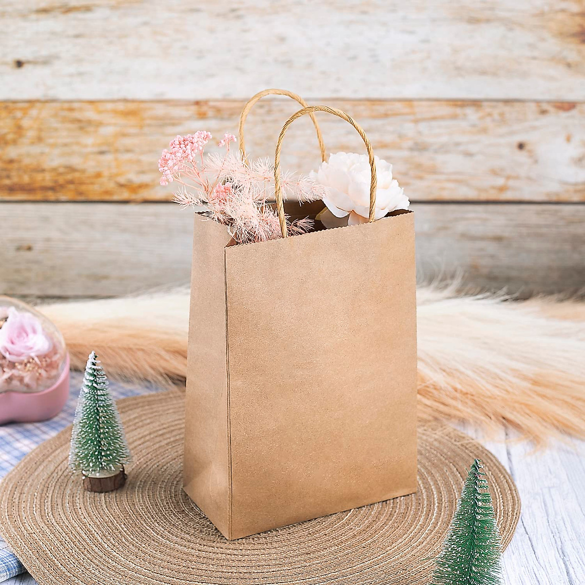 12Pcs Small Gift Bags Kraft Paper Bags. Recycled Merchandise Bags Retail Bags Party Favor Bags with Handles Bulk for Wedding Birthday Party Supplies Festivals Arts DIY Crafts (Brown, 5.9x3.1x8.4inch)