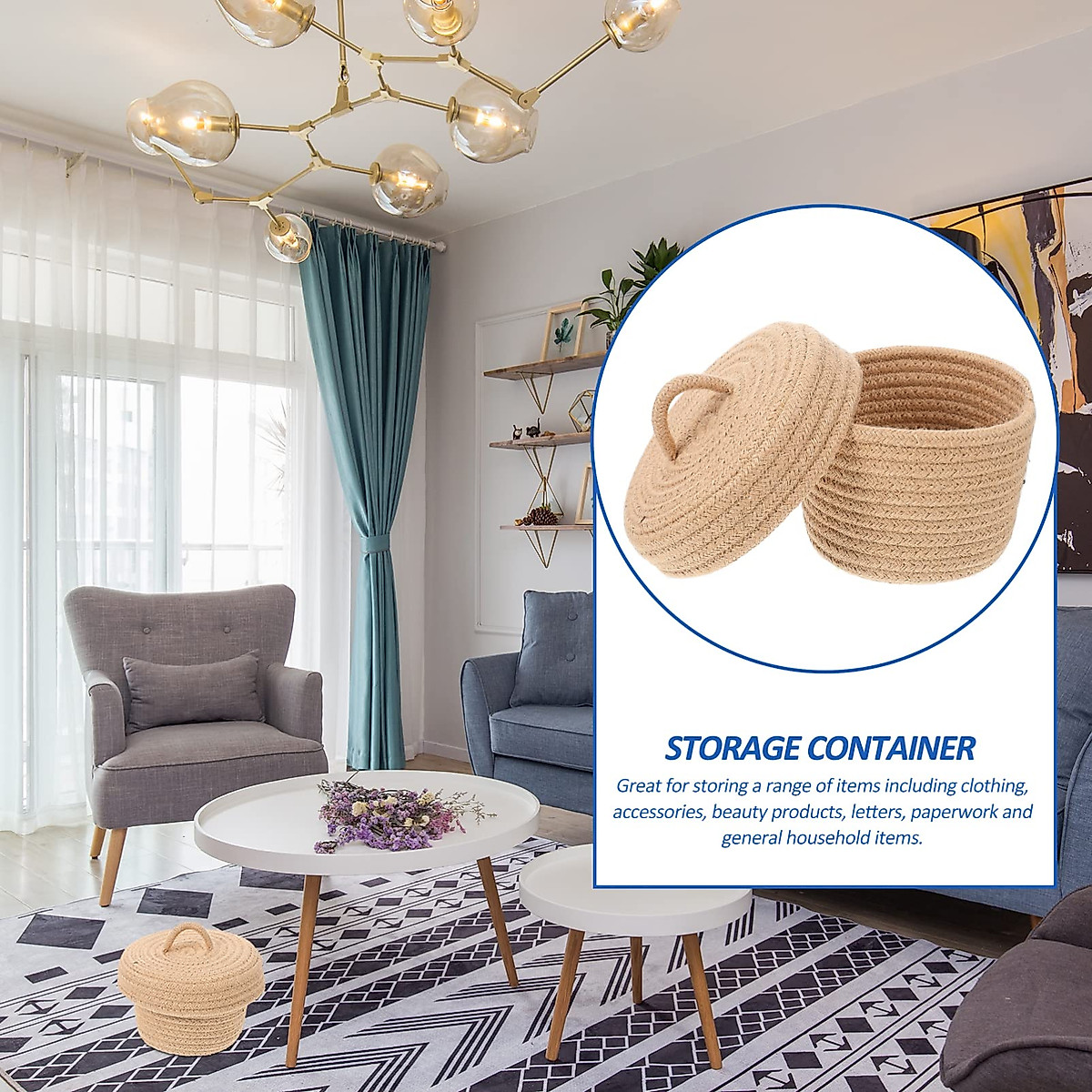 MOBUTOFU Storage Basket Woven Desktop Sundries Basket Tray Decor Snack Containers Pastoral Style Storage Holder Toy Storage Bins with Lids Jute Basket Snacks Container Cotton Rope Brown