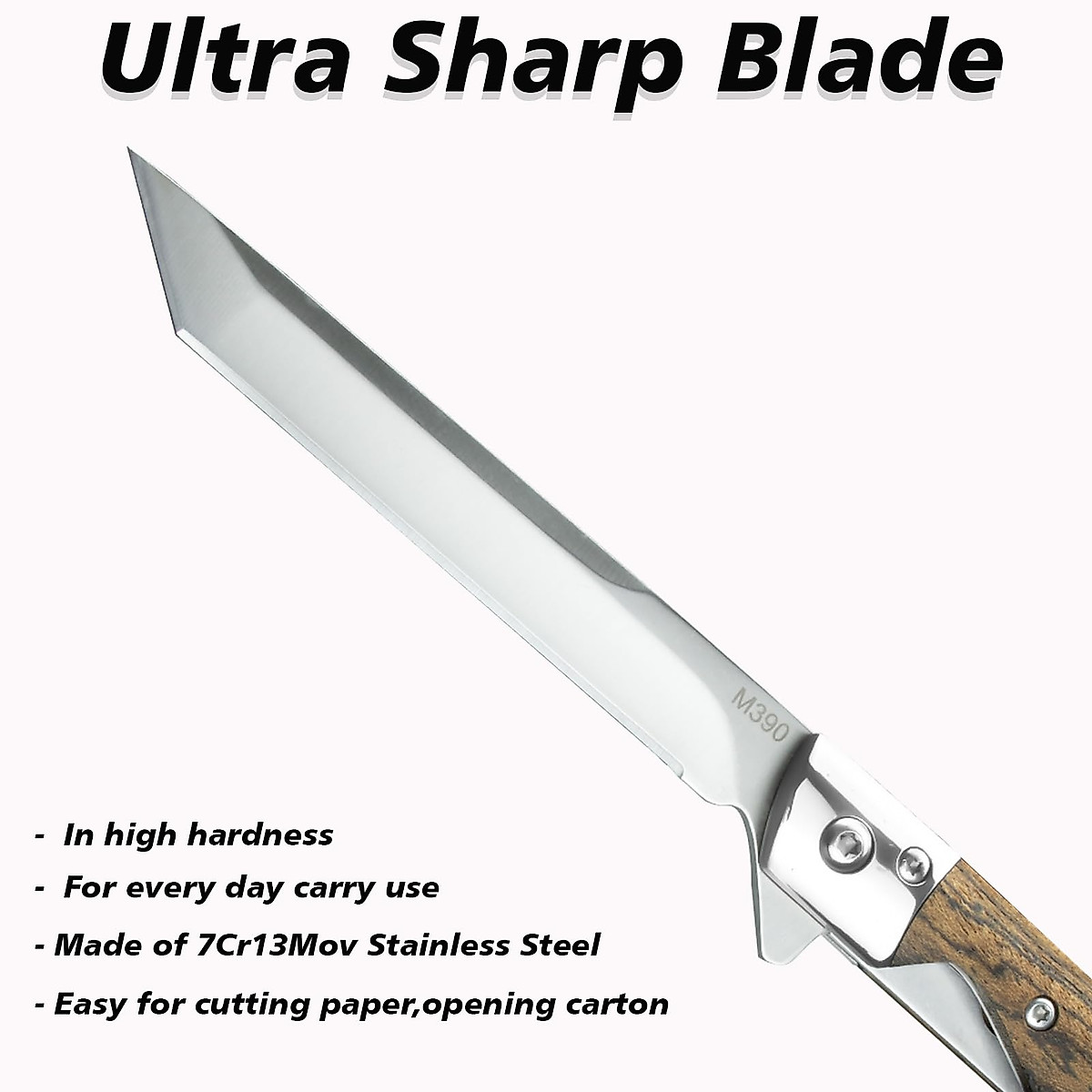 Ogival Pocket Knife for Men, 3.5 inch Folding Knife with Wooden Handle and Leather Sheath, Edc ​Tanto Knife for Men and Women