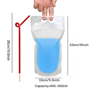 Lainrrew 50 Pcs Drink Pouches with 50 Pcs Straws, Freezable Juice Pouches Bags Reclosable Zipper Plastic Smoothie Bags Heavy Duty Hand-Held Translucent Ice Drink Pouches Bag for Cold & Hot Drinks