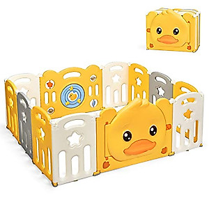 HONEY JOY Baby Play Yard, 12 Panel Psyduck Foldable Baby Gate Playpen, Anti-Slip Rubber Base & Suction, Indoor Safety Baby Fence for The House, Extra Large Anti-Fall Play Pen for Toddler
