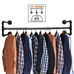 MY RUSTIC Industrial Pipe Clothes Rack-43 Inch, Heavy Duty Detachable Wall Mounted Black Iron Garment Bar, Multi-Purpose Hanging Rod for Closet Storage, Black- 43" L (43" L x 12" W) 41 (black 2)
