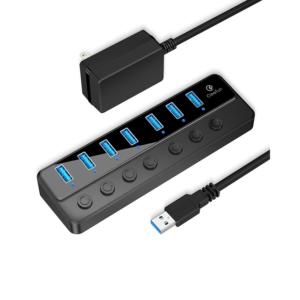 7-Port USB 3.0 Hub, Qeefun 3.0 Powered, USB Adapter USB Extender USB Port Expander USB hub for Laptop, PC, USB Flash Drives, and More ……