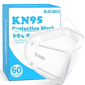 BLScode KN95 Face Mask 60 Pack White,Individually Wrapped 5-Layer Breathable Mask with Comfortable Elastic Ear Loops,Filter Efficiency≥95%