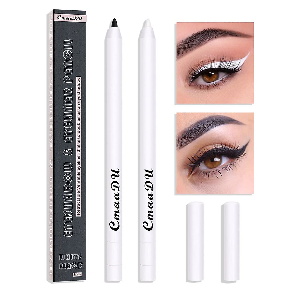 Yeweian Black White Eyeliner Pencil Set, Matte Smooth White Eye Brightener Stick, Quick Drying Waterproof High Pigmented Highlighter Eye Liner Eyeshadow Makeup, with Built-in Sharpener
