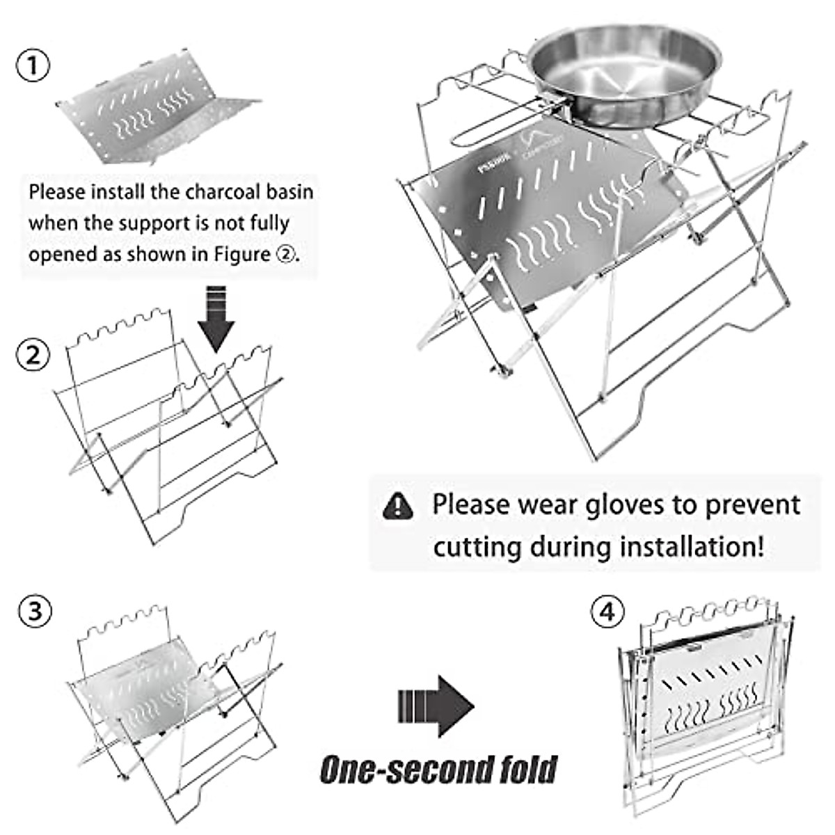 PSKOOK Camping Grills, Stainless Steel Portable Foldable Campfire Charcoal BBQ Grill, Lightweight Fire Pit for Travel, Outdoor Cooking, Bushcraft, Picnics, Garden, Balcony and Beach,Easy to Assemble