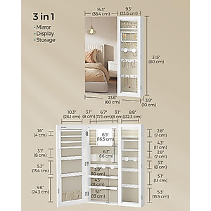 SONGMICS LED Jewelry Cabinet, Mirror with Jewelry Storage, Glass Window, Wall Door-Mounted, 3.9 x 23.6 x 31.5 Inches, Interior Mirror, 3-in-1, Bedroom, Dressing Room, Gift, White and Greige UJJC028W01