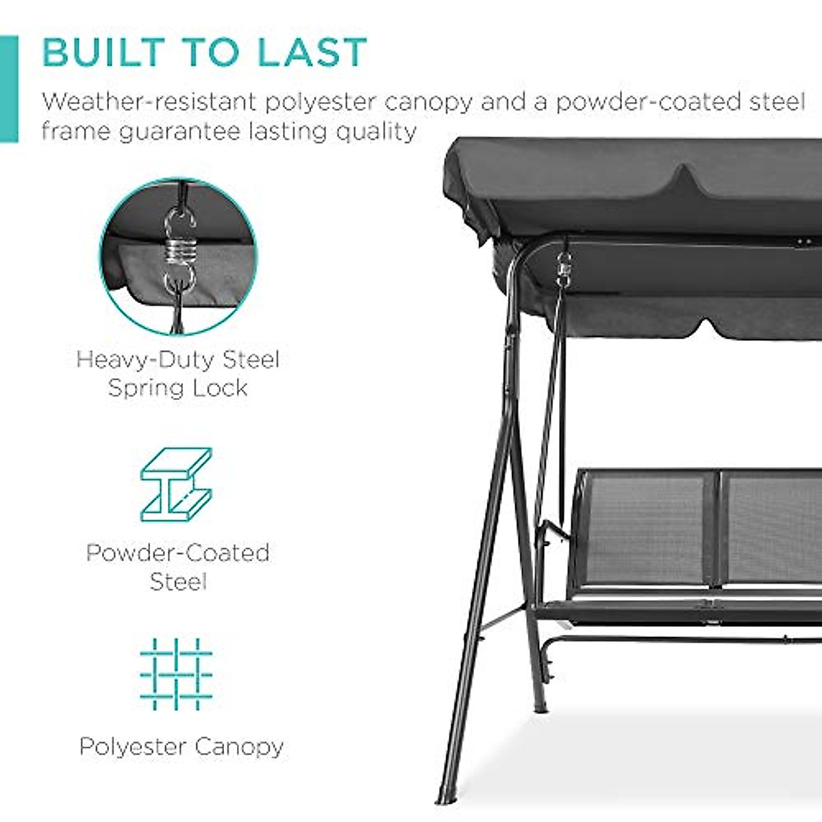 Best Choice Products 2-Seater Outdoor Adjustable Canopy Swing Glider, Patio Loveseat Bench for Deck, Porch w/Armrests, Textilene Fabric, Steel Frame - Gray