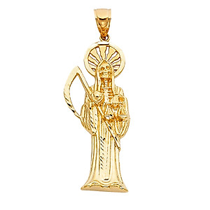 14k Yellow Gold High Polish Small to Extra Large Religious Santa Muerte Charm Pendant (TGDJ-2507 (3.5 Inch))