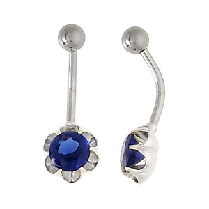Flower Belly Button Ring with Blue Sapphire Cubic Zirconia on Sterling Silver Setting