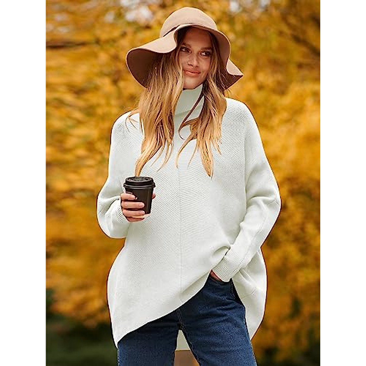 ANRABESS Womens Oversized Turtleneck Long Sleeve Sweater Asymmetric Hem Casual 2023 Fall Winter Pullover Knit Pullover Jumper Tops A87Bai-M White