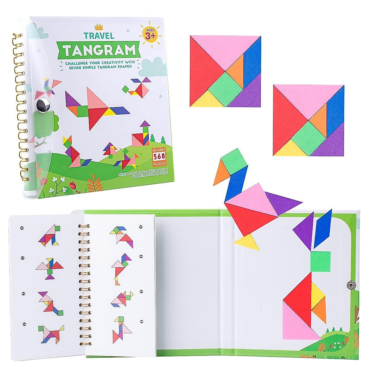Vanmor Travel Tangram Puzzle with 2 Sets Magnetic Plate-Montessori Shape Pattern Blocks Jigsaw Road Trip Games with 368 Solution - IQ Book Educational Toy Brain Teaser Gift for Kids Adults Challenge