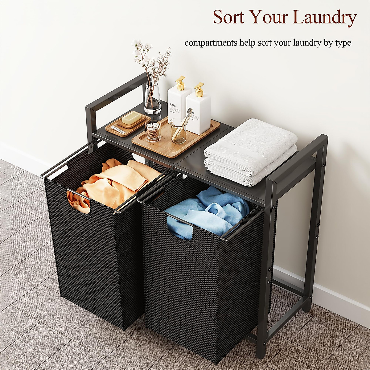 Kitstorack Laundry Basket Organizer, Laundry Hamper with Shelf & 2 Pull-Out Removable Bags, Dirty Clothes Hamper Organizer for Laundry Room Bathroom and Dorm, 2 x 11.8 gallons (44.5L)