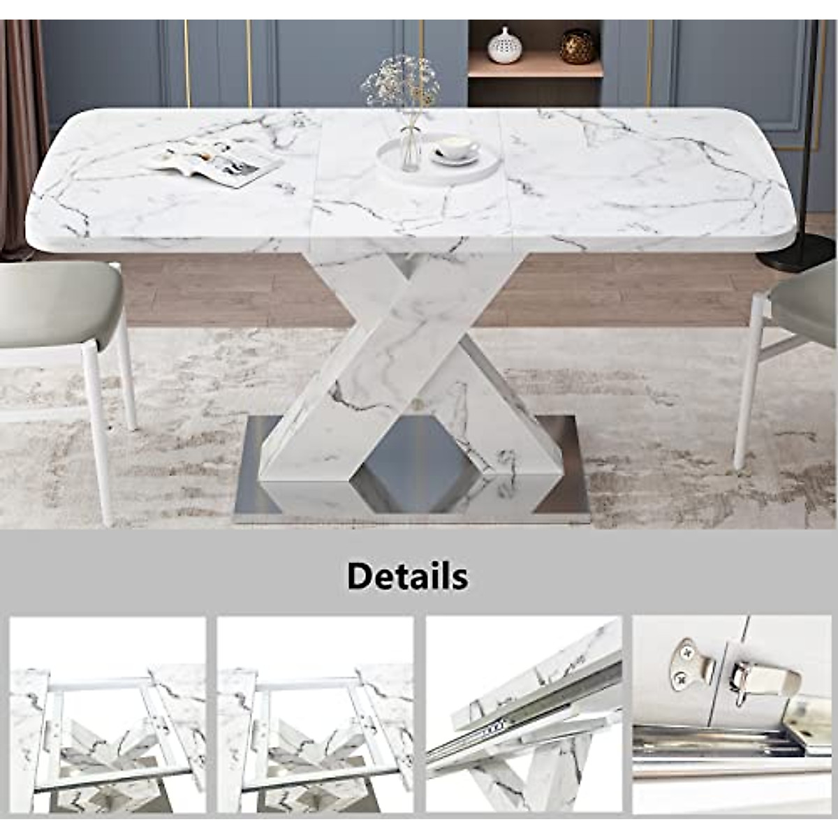 63inch Extendable Marble Dining Table for 4-6, White Faux Marble Dining Room Kitchen Table, Modern Rectangular Dinner Table with Pedestal Base for Dining Room Kitchen (White)
