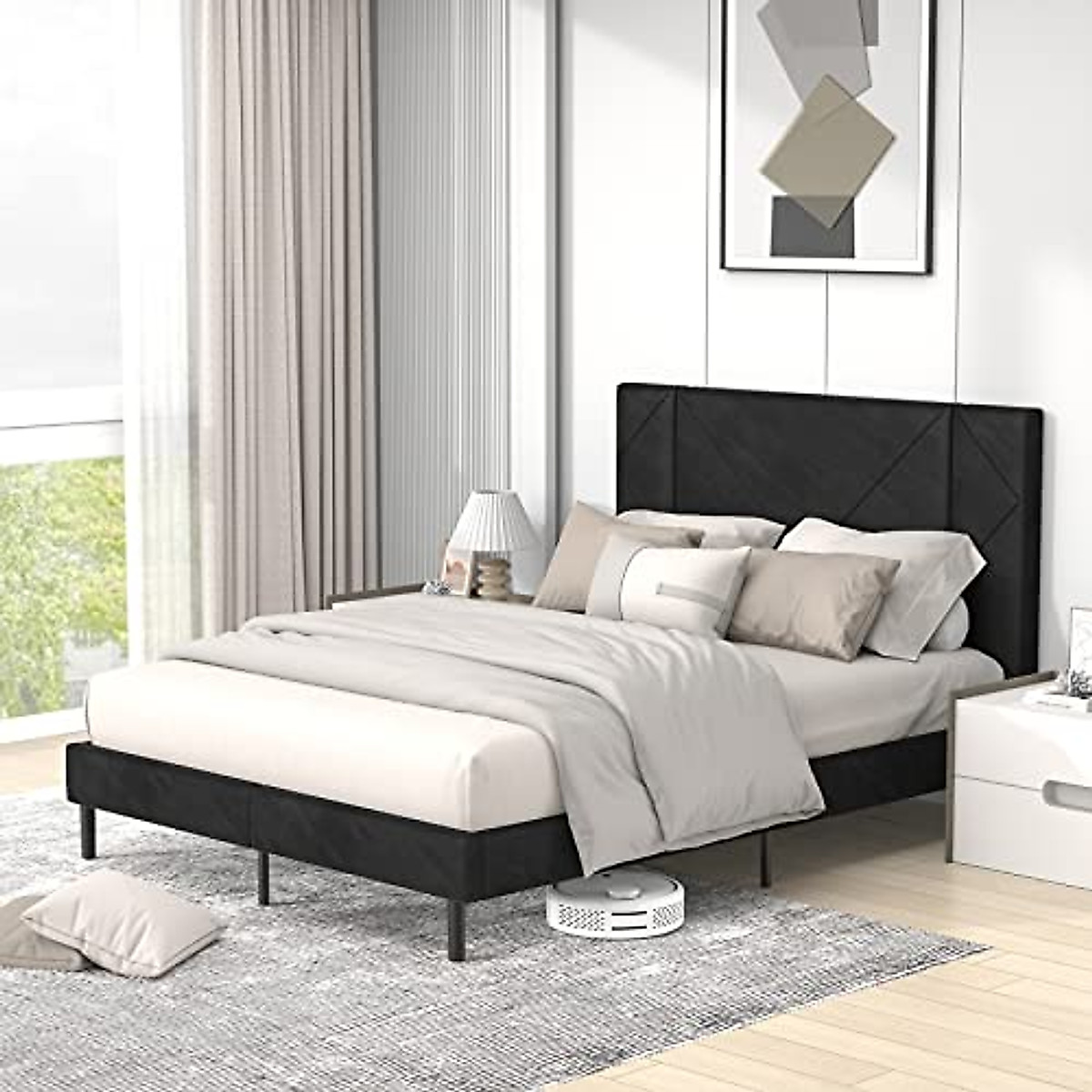 Flolinda Queen Bed Frame, Upholstered Bed Frame Queen Size with Tufted Velvet Headboard, Mattress Foundation, Strong Wood Slat Support Double Bed Frame, No Box Spring Needed, Easy Assembly,Black