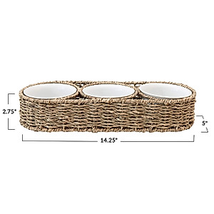 Creative Co-Op Hand-Woven Seagrass Basket with 6 oz. Ceramic Bowls, Set of 4 Tray, Natural, 4