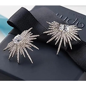 Silver Tone Art Deco Antique Vintage Retro Style Clear Rhinestone Bridal Bridesmaid Wedding Prom Starburst Earrings