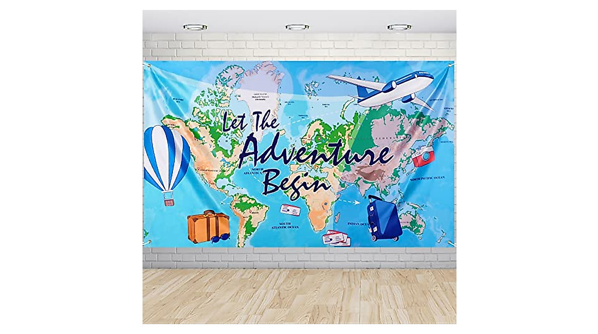 Bon Voyage Travel Party Backdrop - Adventure Awaits Decor
